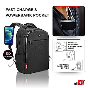 all4way Premium Laptop Backpack for Women Men - USB Quick Charge RFID 17"- Swiss Design Anti-Theft, Waterproof with Rain Cover for Business Travel College - Durable & Soft 1680d Polyester