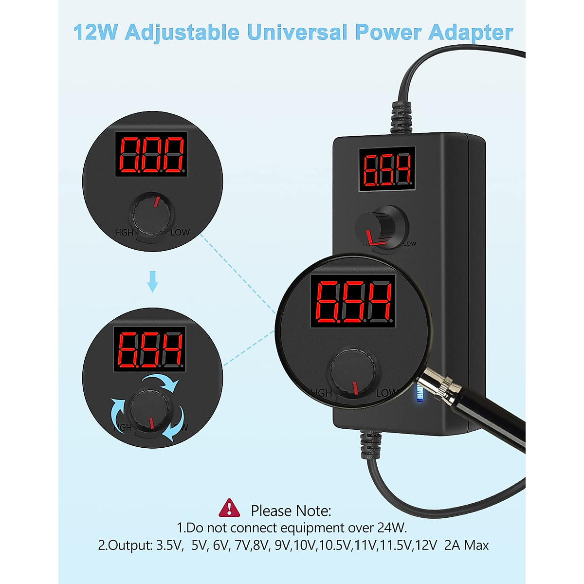 Aclorol Universal Power Adapter 24W 12V 9V 6V 5V 4.5V 3V 2A 1.5A 1A Adjustable Power Supply Charger AC/DC Adapter Converter Switching 100V-240V AC to DC 3V~12V & Polarity Converter & 14 Tips 2Amp Max