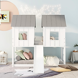 MERITLINE Twin Over Twin House Bunk Bed with Slide, Wooden Bunk Bed with Roof and Windows for Kids Teens Girls Boys – White