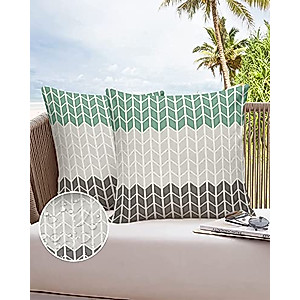 Outdoor Pillows 18x18 Waterproof Outdoor Pillow Covers, Herringbone Geometric Chevron Polyester Throw Pillow Covers Garden Cushion Decorative Case for Patio Couch Decoration Set of 2, Green Grey White