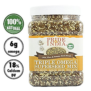 Pride Of India - Triple Omega Superseed Mix - Protein, Fiber, Calcium, Iron, Omega-3, Omega-6, & Thiamin Rich Superfood w/ Chia Flax & Sesame Seeds, 1.4 Pound (22oz) Jar