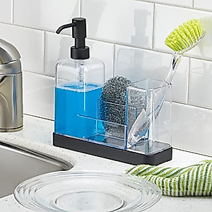 mDesign Plastic Kitchen Sink Countertop Liquid Hand Soap Dispenser Pump Bottle Organizer Holder with Storage for Kitchen, Bathroom - Holds Dish Sponge and Brushes - Omni Collection - Matte Black/Clear