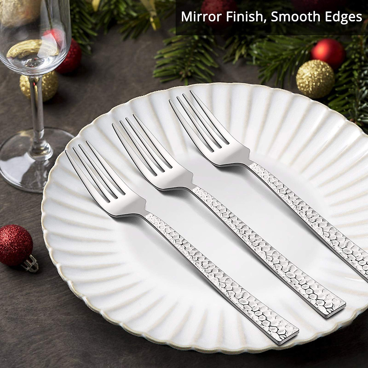 E-far 12-Piece Hammered Dinner Forks Set, 7.9 Inch Stainless Steel Forks for Home, Kitchen or Restaurant, Non-toxic & Mirror Polished, Squared Edge & Dishwasher Safe