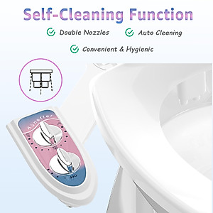Aünsffer Toilet Bidet Attachment for Toilet, No-Electric Fresh Cold Water with Dual Nozzles Sprayer, 3 Wash Modes (Feminine/Bidet Wash + Self-Cleaning)，Fits Standard Toilet Bowl, Blue Pink