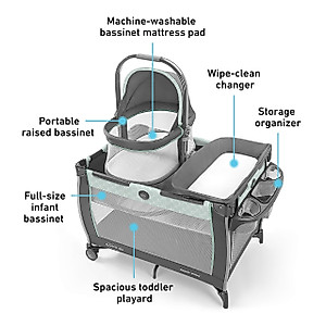 Graco Pack 'n Play Day2Dream Bassinet Playard | Features Portable Bedside Bassinet, Diaper Changer, and More, Mills