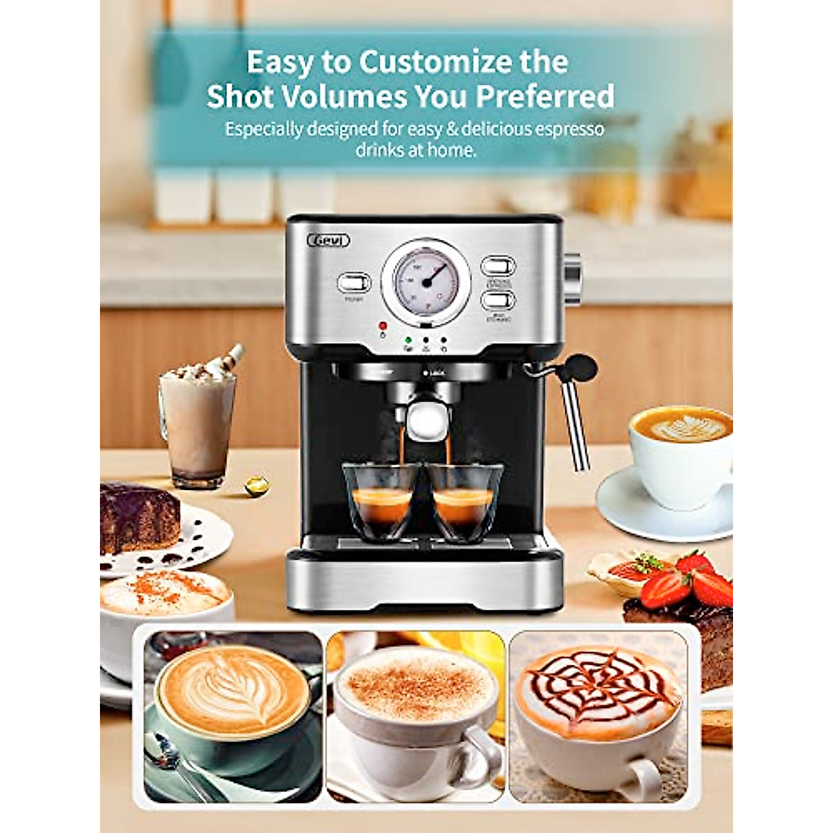 Gevi Espresso Machine 15 Bar Pump Pressure, Cappuccino Coffee Maker with Milk Foaming Steam Wand for Latte, Mocha, Cappuccino, 1.5L Water Tank （Tibetan Black）