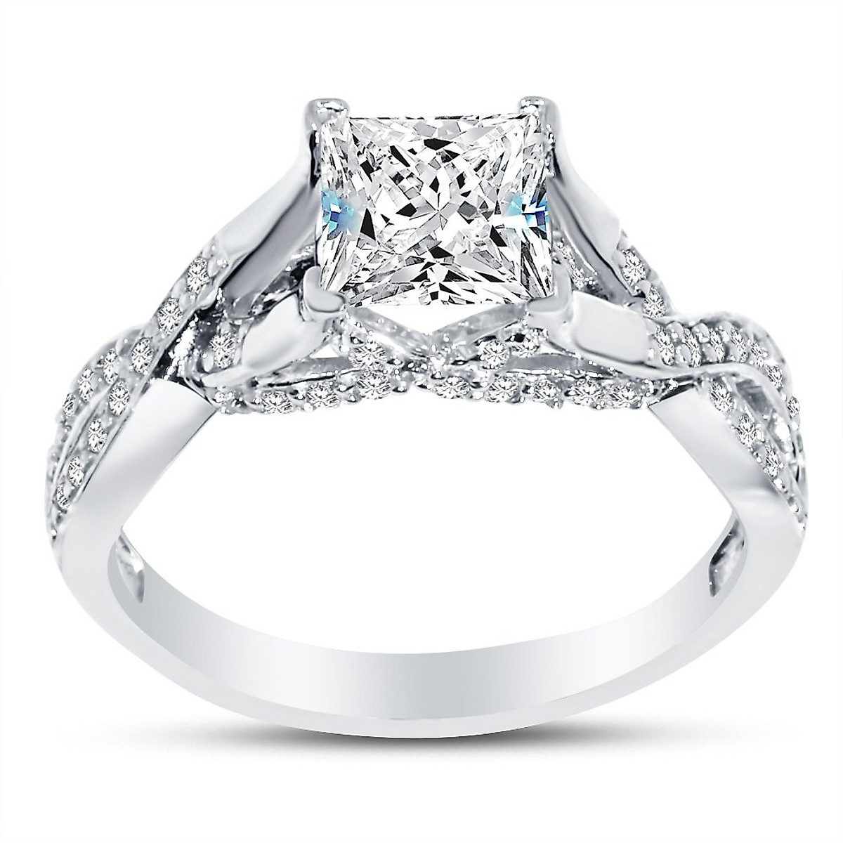 Size - 7 - Solid 14k White Gold Princess Cut Infinity Twist Solitaire Engagement Ring CZ Cubic Zirconia (2.0cttw., 1.0ct. Center)