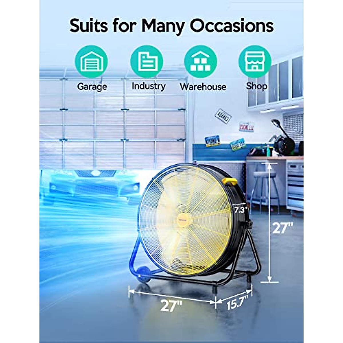 VAGKRI 24 Inch Industrial Drum Fan, 320W High Velocity Floor Fan, 3 Speed Heavy Duty Metal Air Circulator, 360° Tilt with Casters Handle ETL Standard for Patios, Warehouse, Commercial, Basement