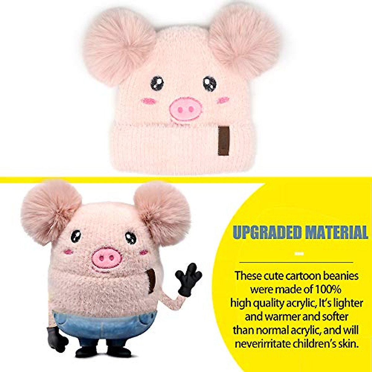 Kids Winter Beanie Knitted Hats for Girls Boys Toddler Baby, Pig Cartoon Animal Faux Fur Double Pom Pom Bobble Warm Soft Fleece Cute Infant Stocking Cap For Children