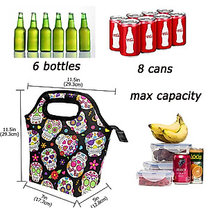 Wamika Lunch Bag Sugar Skull Flowers Rose Daisy Insulated Cooler Thermal Lunch Bag Box for Kids School Children Students Girls Boys Mexican Day Of The Dead Skull Love Heart Lunch Box Handbag Woman Man