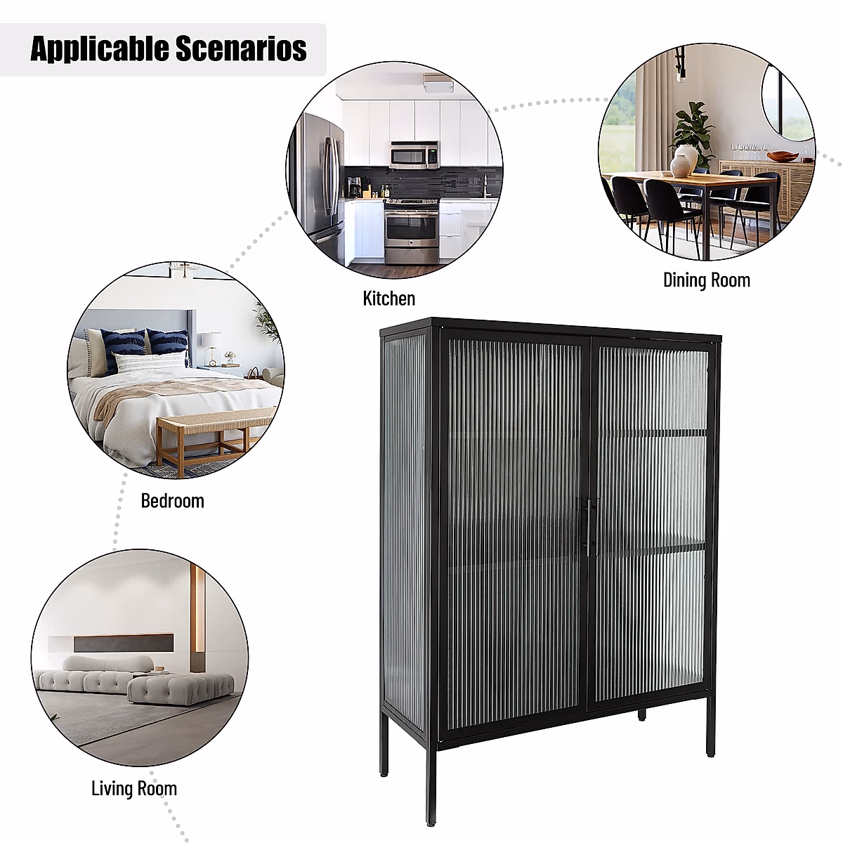 DiMorture 48 Inch-Height Double Glass Door Storage Cabinet, Sideboard Cupboard with Adjustable Shelves, Steel Display Cabinet Credenzas Console Table for Kitchen Entryway, Black