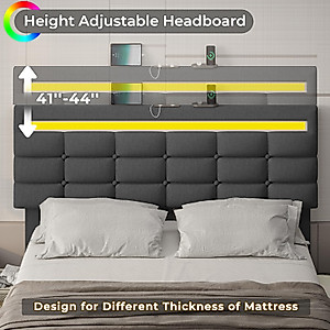 BTHFST Queen Bed Frame with LED Lights & 2 USB Charging Station,Queen Size Bed Frame with Adjustable Headboard,Bed Frame with Storage,No Box Spring Needed,Noise Free,Dark Grey