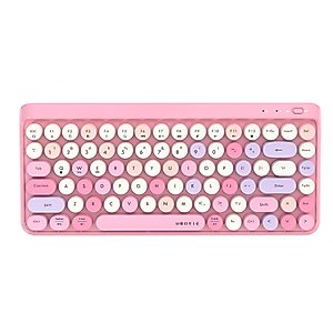 UBOTIE Portable Bluetooth Colorful Computer Keyboards, Wireless Mini Compact Retro Typewriter Flexible 84Keys Design Keyboard (Pink-Colorful)