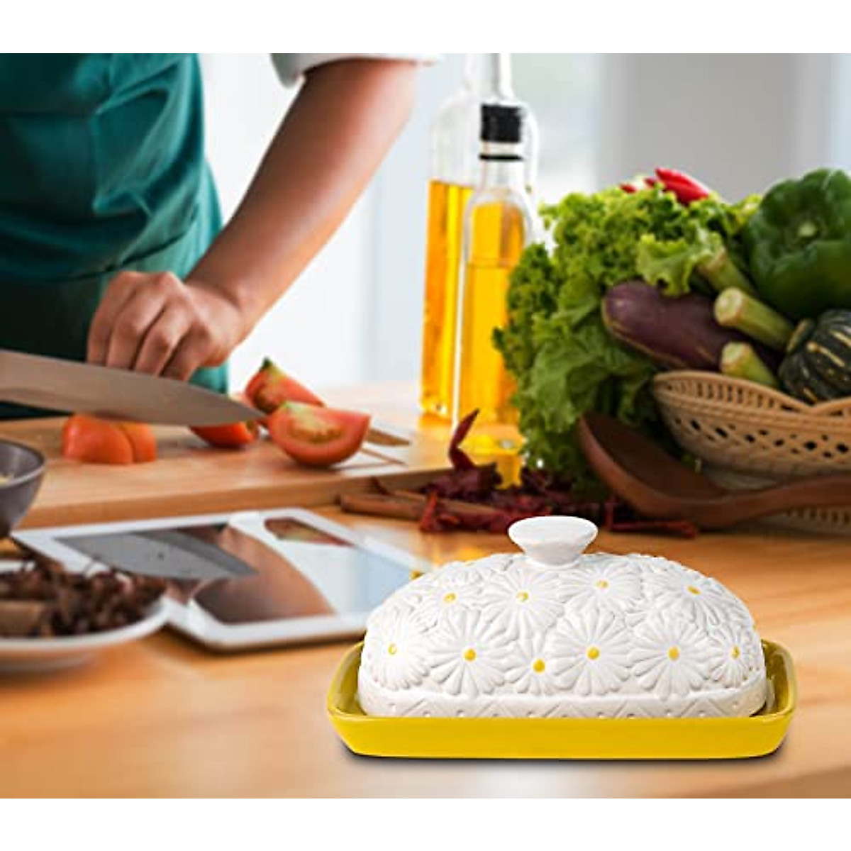 Ceramic Butter Dish With Lid For Countertop Daisy Butter Keeper Butter Container Large Butter Holder Butter Tray Covered Butter Dish Butter Dishes With Lid Butter Storage Butter Holder For Counter
