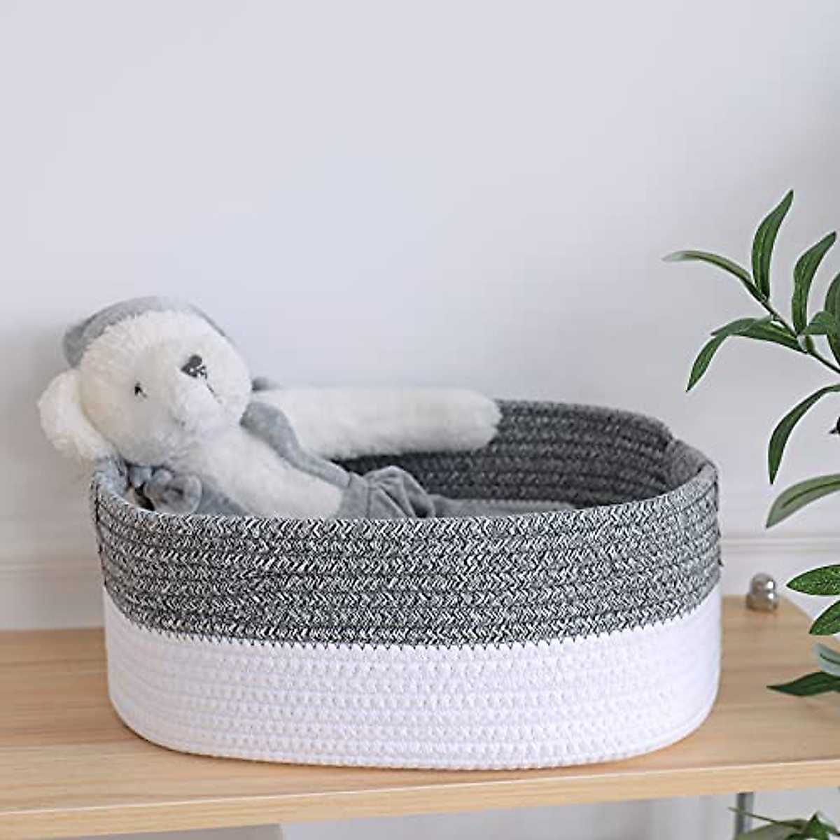 LA JOLIE MUSE Rectangle Cotton Rope Storage Basket Set of 2, Natural and Safe For Baby Kids Nursery, Two-Tone Woven Decorative Baskets, White & Gray
