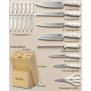 Knife Sets for Kitchen with Block 15-Piece, Otirilo Kitchen Knife Set High Carbon Stainless Steel Cooking Knife Set, Triple Riveted Forged Handle, Razor-Sharp Chef's Knife Set with Sharpener