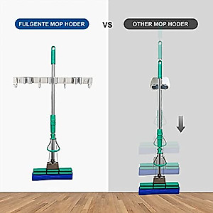 FULGENTE Broom Mop Holder, Wall Mount Storage Cleaning Tools Organizer for Laundry Garage Garden Bath Kitchen, Screw-In Heavy Duty Stainless Steel Utility Rack Hanging Shelf (3 Racks 4 Hooks)