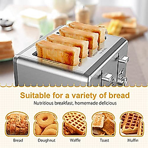 4 Slice Toaster,whall Stainless Steel,Toaster-6 Bread Shade Settings,Bagel/Defrost/Cancel Function with Dual Control Panels,Extra Wide Slots,Removable Crumb Tray,for Various Bread Types 1500W