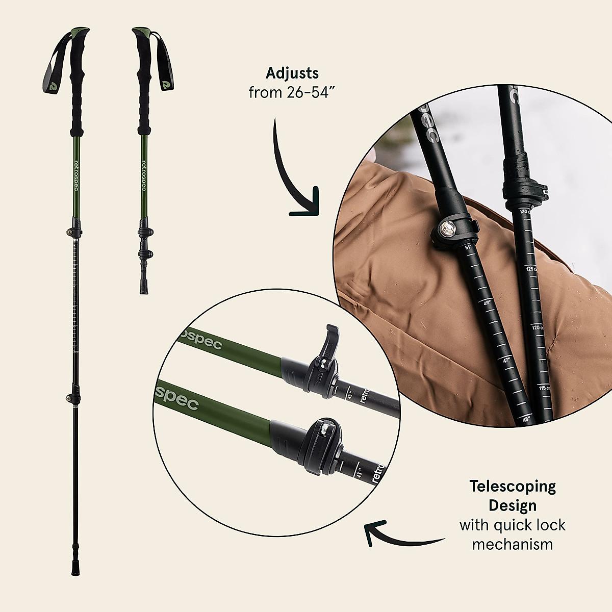Retrospec Solstice Trekking & Ski Poles for Men & Women - Aluminum w/Foam Grip - Adjustable & Collapsible Lightweight Hiking, Walking & Skiing Sticks - Matte Forest