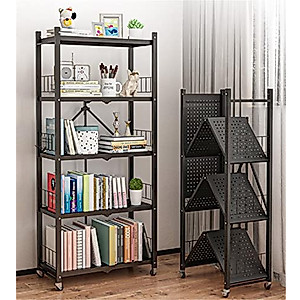NIUYAO 5 Tier Foldable Shelving Unit with Wheels, Freestanding Metal Storage Shelf Heavy Duty Standing Shelves Units for Home Kitchen Bakers Closet Pantry -Black 28" L x 14.4" W x 64.2" H