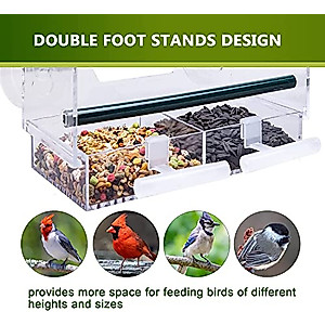 Fubullish Window Bird Feeder, Large Bird House Feeders for Outside with 4 Strong Suction Cups & 2 Extra Bird Stands, Removable Tray and Drain Holes, Birdhouse Shape, Clear Acrylic for Bird Watching