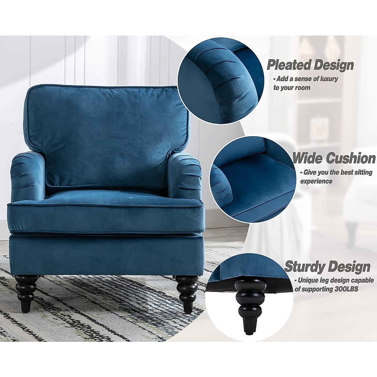 Kmax Accent Chair Velvet Modern Arm Sofa Chair Comfy Single Club Chair with Thick Cushion for Living Room Bedroom, Blue