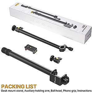 jusmo Camera Desk Mount with Auxiliary Holding Arm, Overhead Camera Mount with 360° Ballhead and Phone Grip, Table C-Clamp Multi Mount Stand for DSLR, Phone, Light, Webcam and More (LS02)