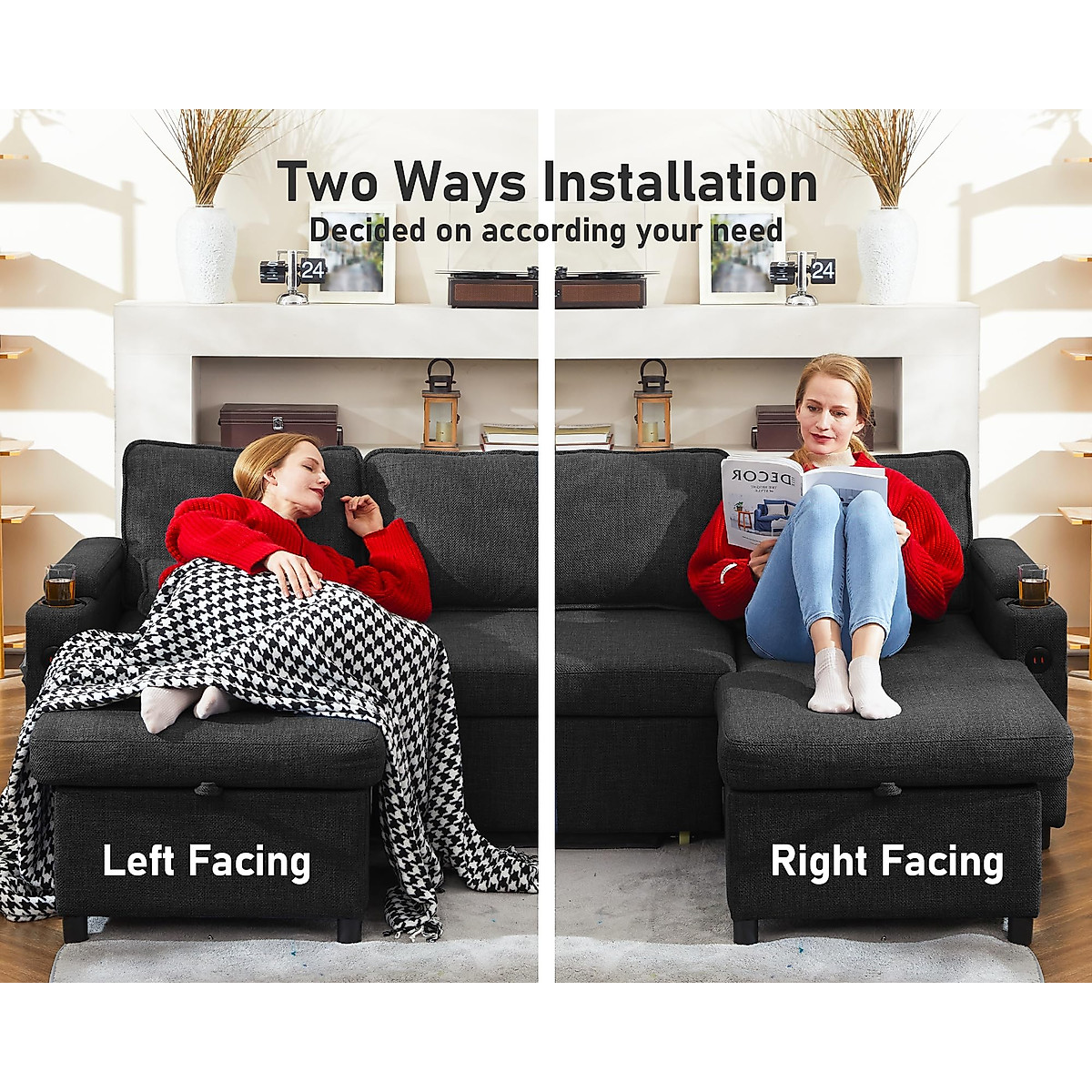 DURASPACE Sofa Bed Sleeper Pull Out 2 in 1 Sectional Sleeper Sofa Couches with Storage,USB, Cup Holder,Pullout Sectional Couches for Apartment Living Room (Dark Gray)