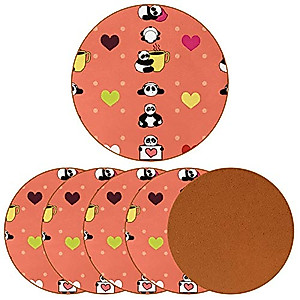 Coasters for Drinks Funny Sleepy Panda Coffee and Hearts Pattern Leather Round Mug Cup Pad Mat for Protect Furniture, Heat Resistant, Kitchen Bar Decor, Set of 6