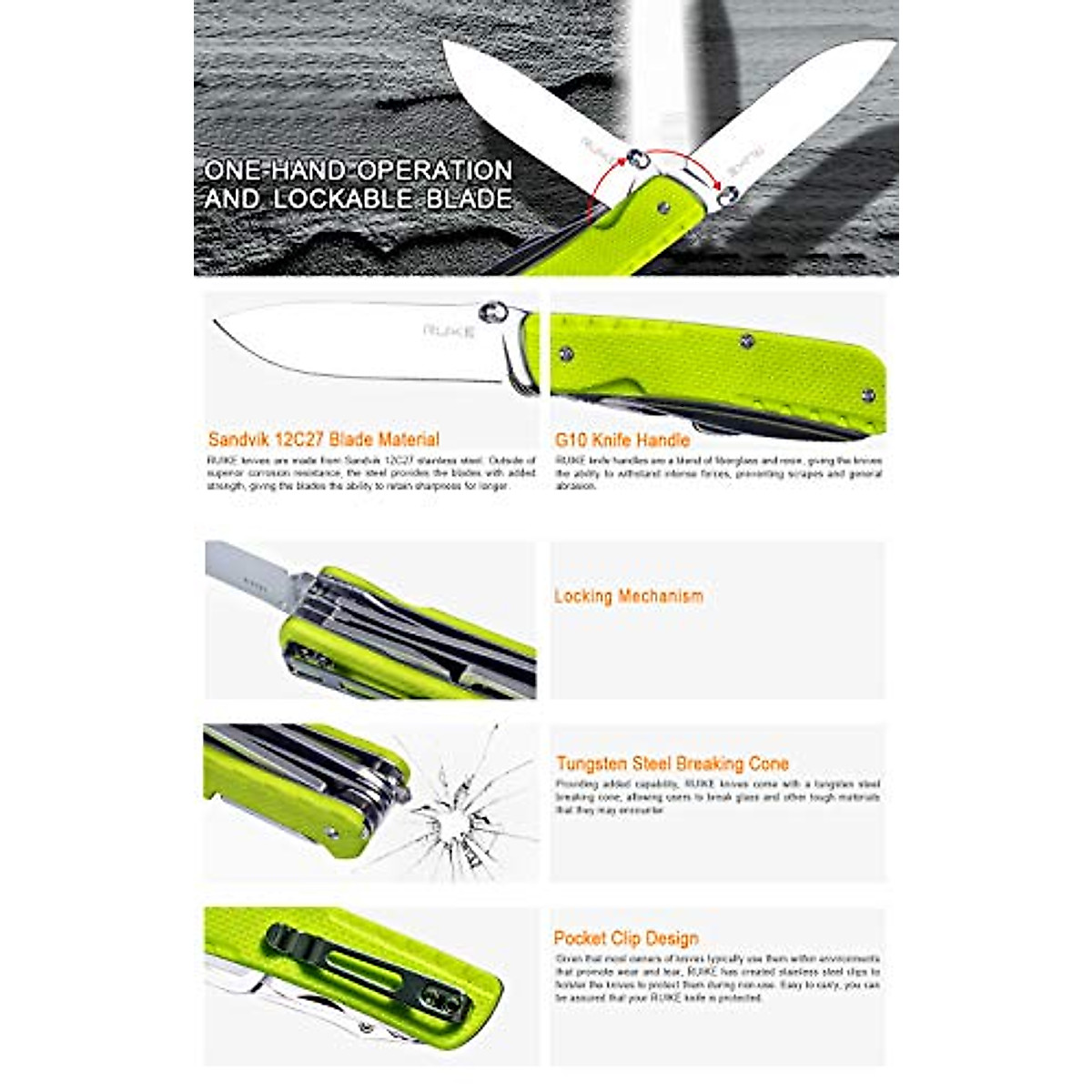 RUIKE Multifunctional Knive, Yellow-Green, G10 (LD43)
