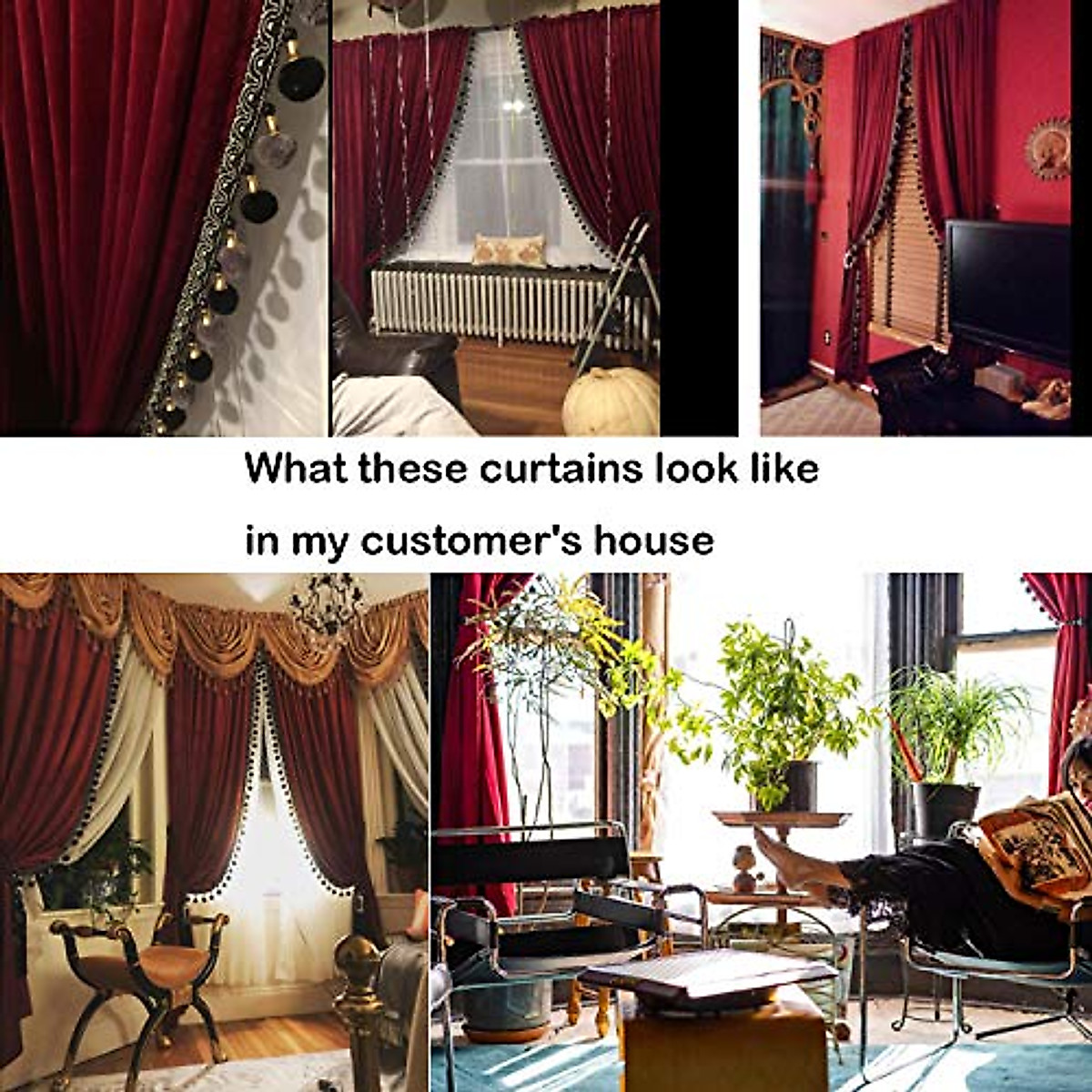 Luxury Pom Poms Curtain for Living Room Blackout Velvet 2 Panels Curtains Set Luxury Tassel Bedroom Curtains (Burgundy, (50W×84L)×2)