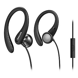Philips A1105 in-Ear Sports Wired Headphones with Ear Hooks for Secure Fit, Deep bass, in-line Remote Control and Microphone, Sweat-Resistant, 3.5 mm Connector TAA1105BK