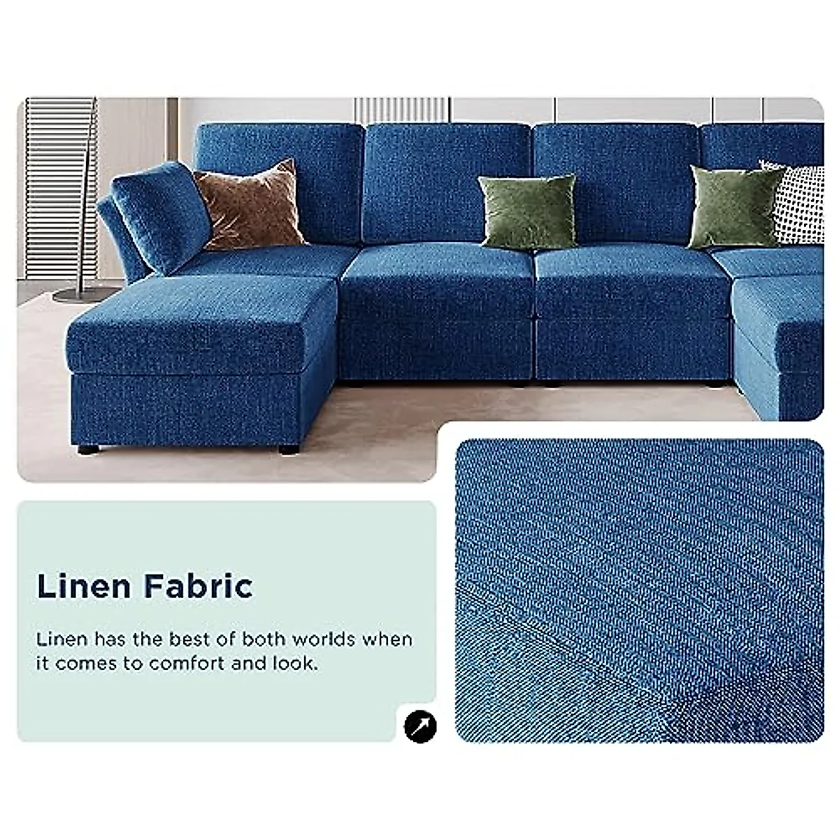 Amerlife Sectional Sofa, Convertible Sofa- Modular Sectional Sofa, 8 Seats U Shaped sectional with Ottomans, Reversible Sofa Couch for Living Room, Blue Linen