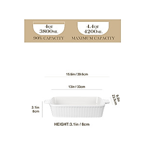 MALACASA 4.4 QT Baking Dish, 9x13 Large Casserole Dish for Oven, Ceramic Baking Pan, Rectangular Lasagna Pan Deep with Handles for Baking, Durable Microwave Oven Safe, White, Series BAKE-BAKE
