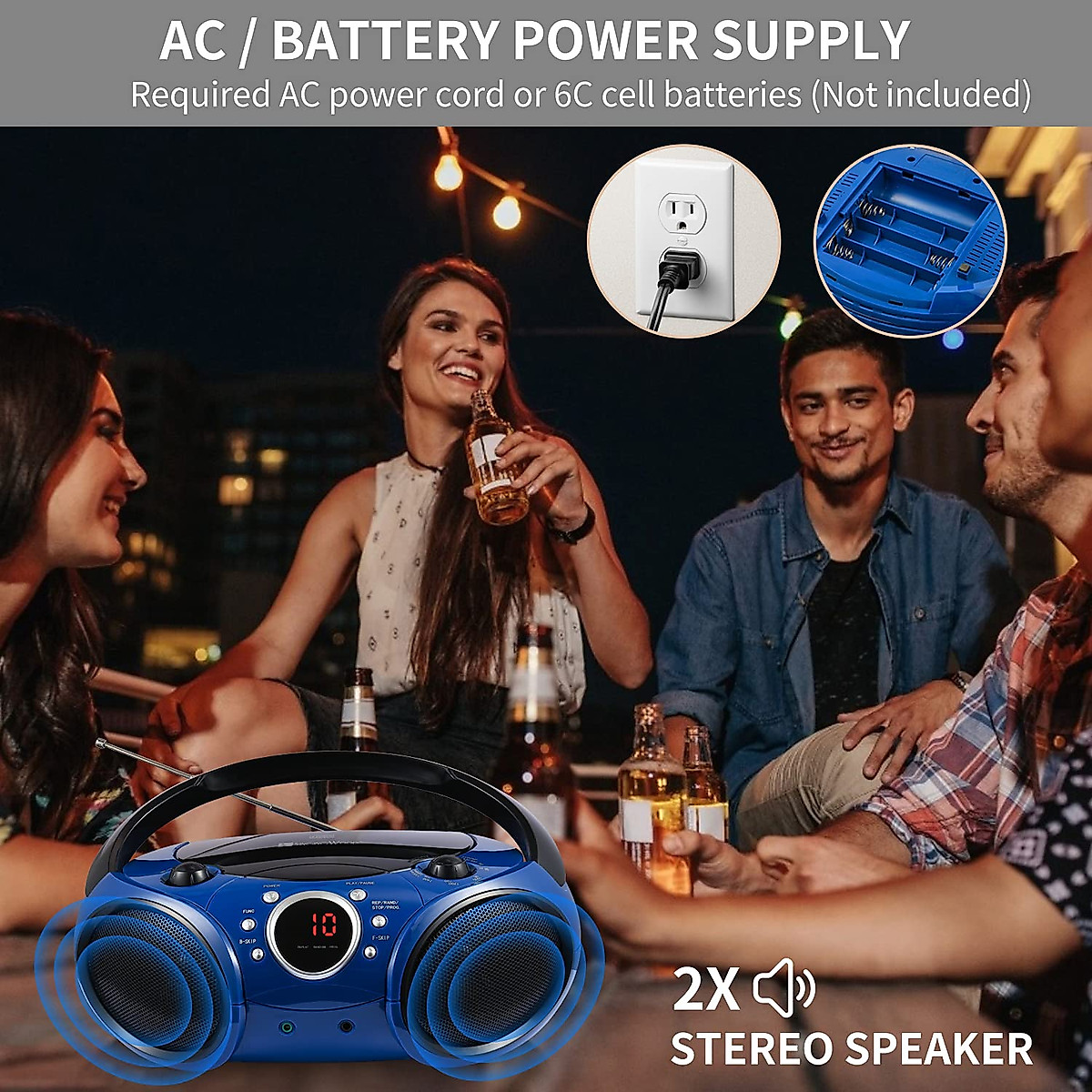 SINGING WOOD 030B Portable CD Player Boombox with Bluetooth for Home AM FM Stereo Radio, Aux Line in, Headphone Jack, Supported AC or Battery Powered (Starlight Blue)