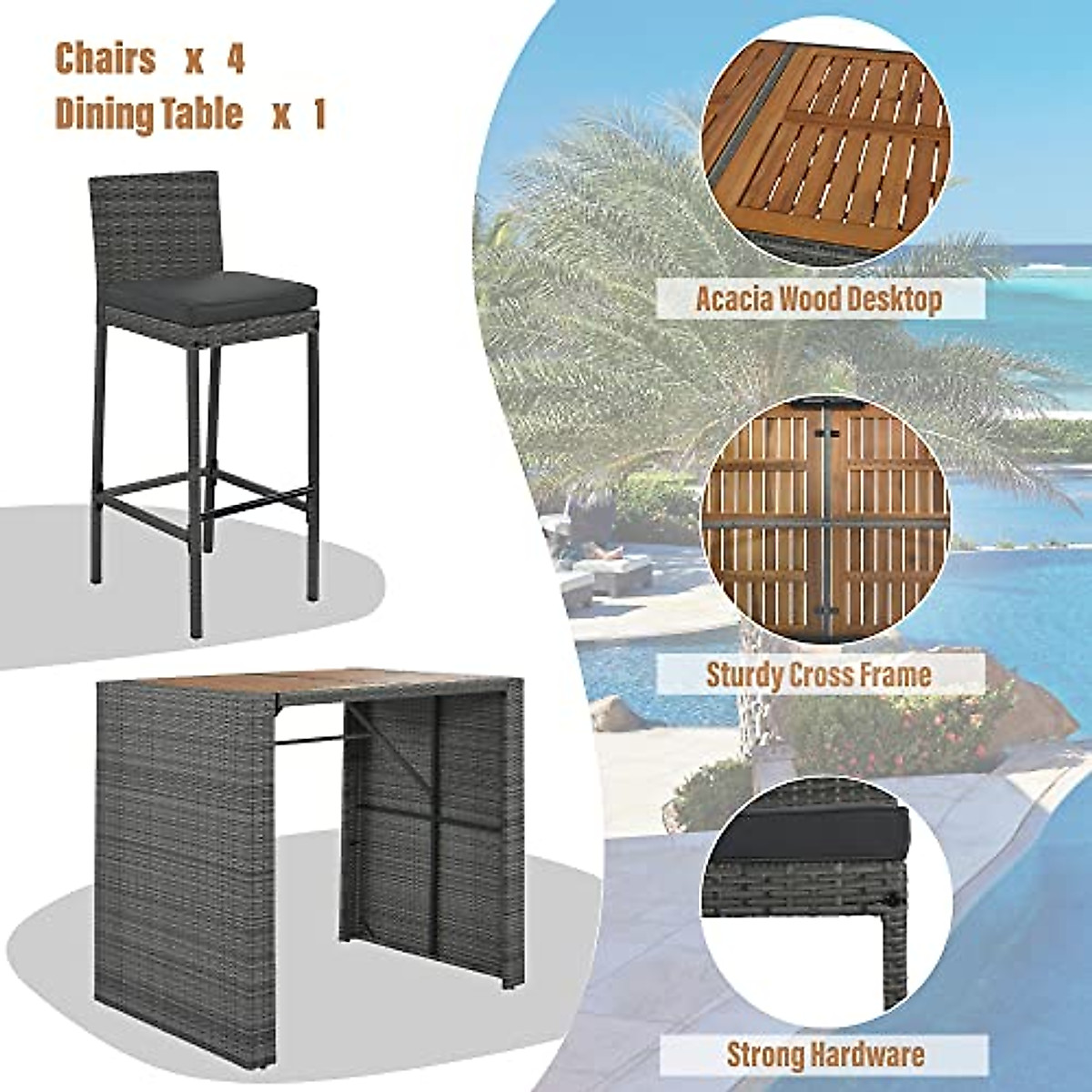 Quarte Modern 5-Piece Outdoor Patio Dining Set, Garden PE Rattan Wicker Bar Set, 4 Bar Height Chairs with Non-Slip Feet and Fixed Rope, Acacia Wood Table Top