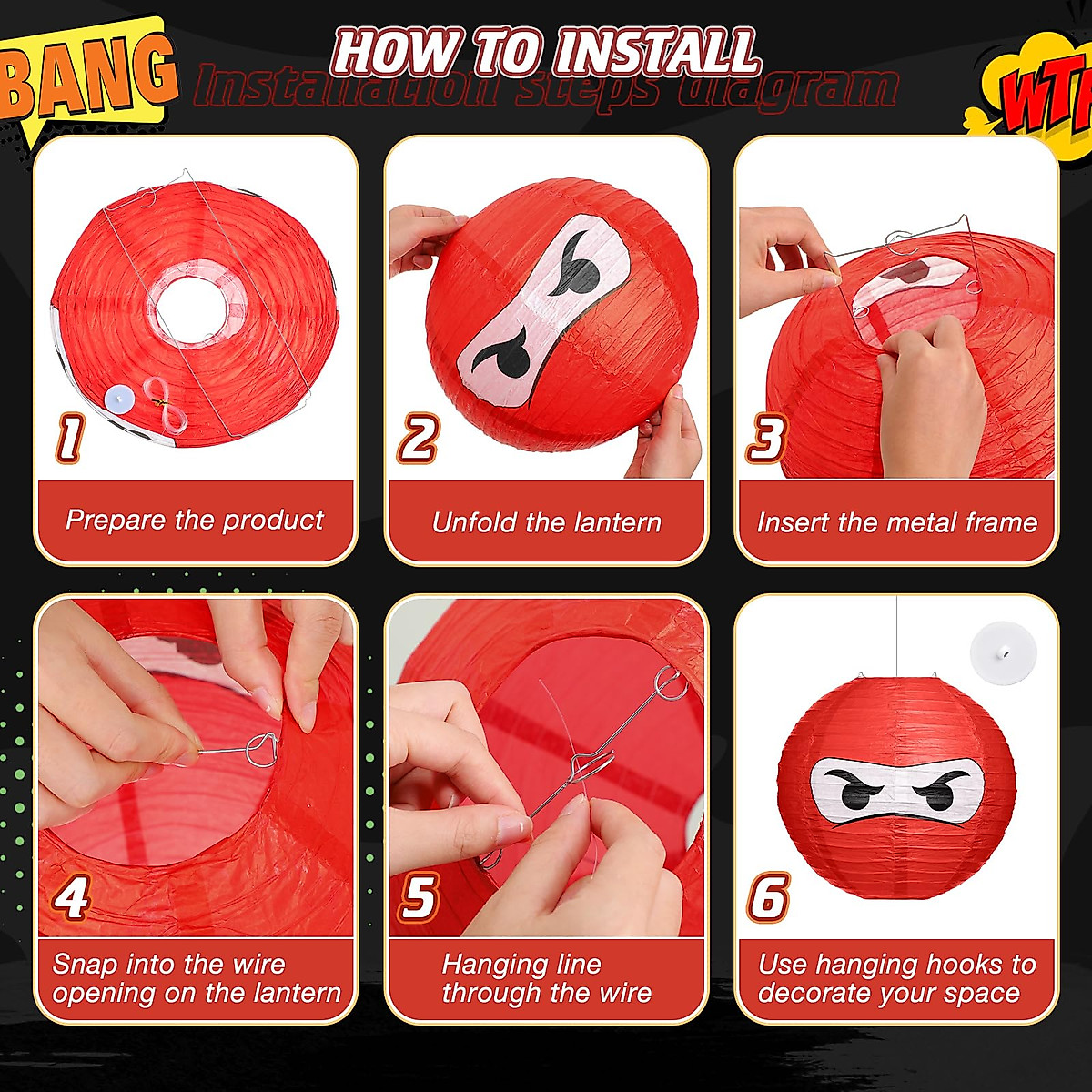 Glooglitter 6 Pcs Ninja Themed Paper Lanterns 12 Inch Ninja Birthday Party Hanging Paper Lanterns for Boys Girls Adults Ninja Birthday Party Baby Shower Decoration