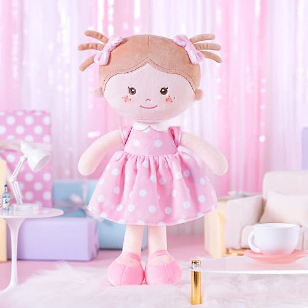 Onetoo Plush Rag Doll Sleeping Cuddle Buddy Doll Soft Baby Doll for Girls First Baby Doll Wear Pink Skirt Dress 14"（Milly Series）