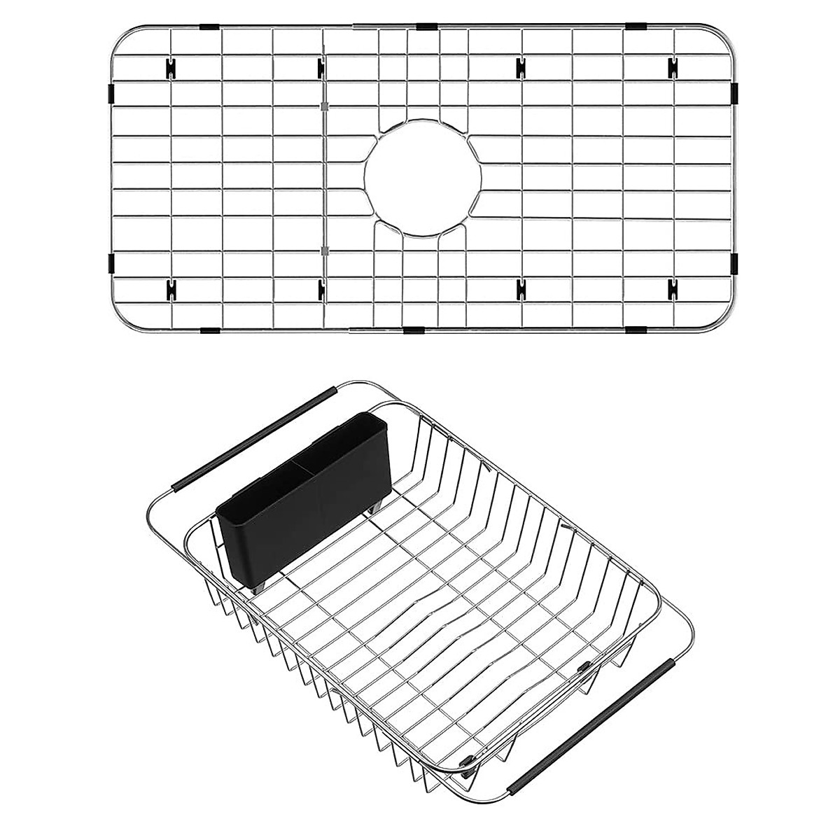 SANNO Expandable Dish Drying Rack Over The Sink Dish Drainer Kitchen Sink Grate Sink Protector for Kitchen Sink, Stainless Steel