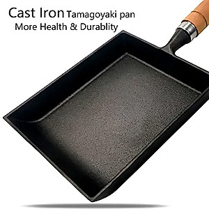 WSGSYYDS Tamagoyaki Japanese Omelette Pan Cast Iron with Wooden Lid, Square Japanese Egg Pan, Rectangle Tamago Pan with Spatula & Chopsticks 7” x 6” (Black)