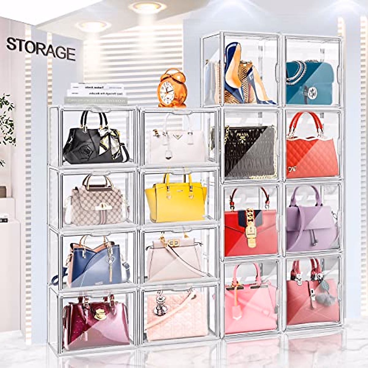 DILIBRA Set of 4 Plastic Purse Storage Organizer for Closet, Acrylic Display Case for Purse and Handbag, Stackable Storage Boxes Organizer with Magnetic Door for Clutch Wallet Book Toys