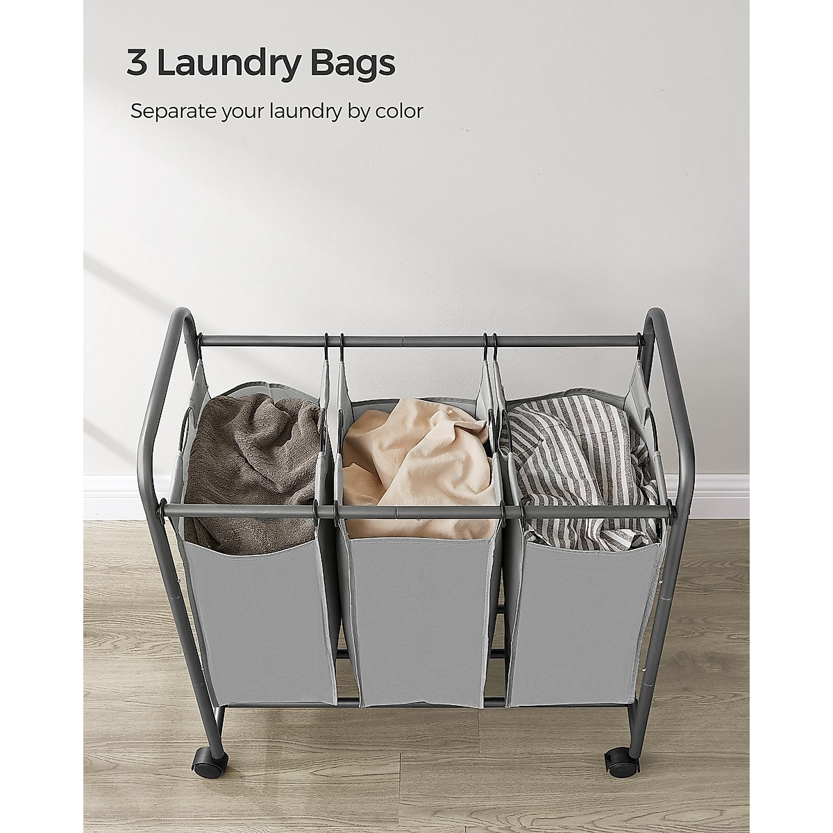 SONGMICS 3-Section Laundry Sorter, Laundry Basket with Wheels, Laundry Hamper with 3 Bags, Laundry Room Organizer, Removable Laundry Bag with Handles, Lockable Wheels, Gray ULSF003GS