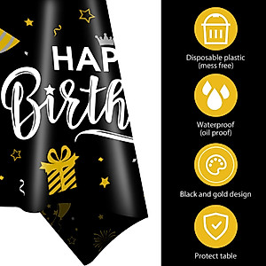 Happy Birthday Decorations, 3pcs Black and Gold Birthday Tablecloth for Men Women, Plastic Disposable Rectangle Table Cover for 90th 80th 70th 60th 50th 40th 30th Birthday Party Decor- 54" x 108"