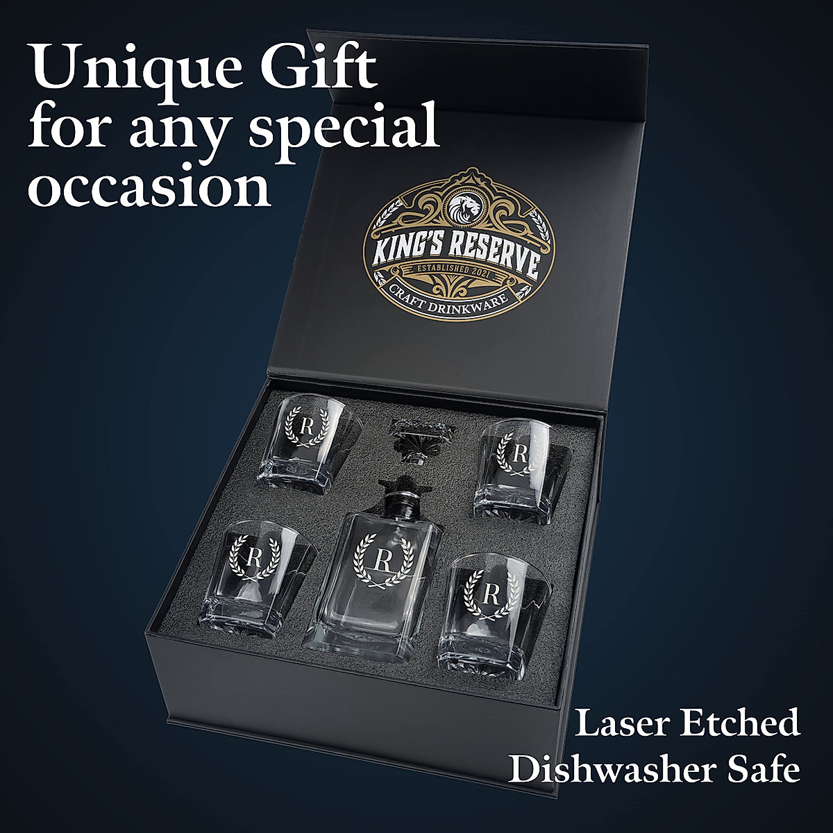 Whiskey Decanter Sets for Men Women - Personalized Whiskey Decanter Set with Glasses - Crystal Decanter set with 4 Laser Engraved Custom Whiskey Glasses - Engraved Whiskey Gifts for Men Women