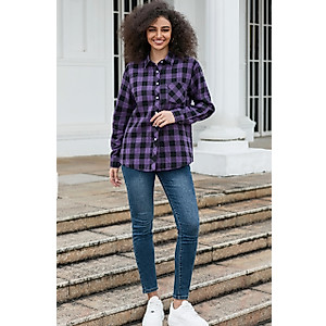 SANGTREE Womens Flannel Shirt, Casual Plaid Tops Long Sleeve Button Down Shirt for Women Buffalo Purple, Medium