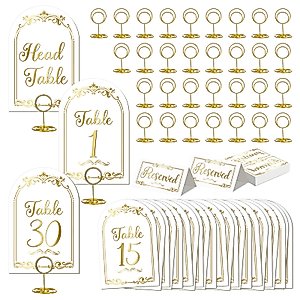 ZhouBoat 31 Sets Arch Gold White Table Number Cards with Holders and Reserved Seating Signs, Double Sided Gold Foil Table Number 1-30 and Head Table 4x6 Inch Birthday Wedding Reception Table Signs