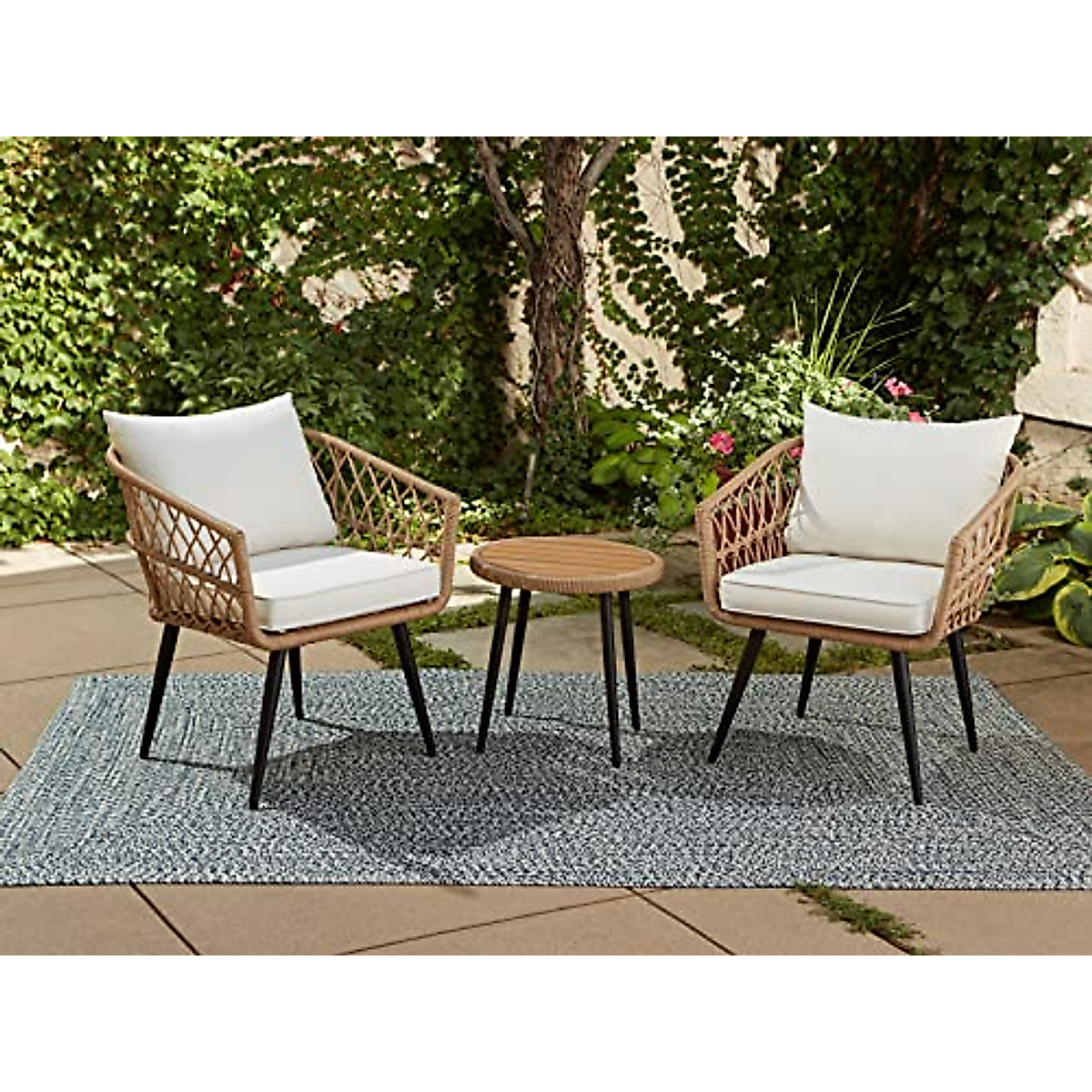 Quality Outdoor Living 65-YZ03HM Hermosa 3 Piece Chat Set, Aluminum Frame + Tan Wicker + Linen Cushions