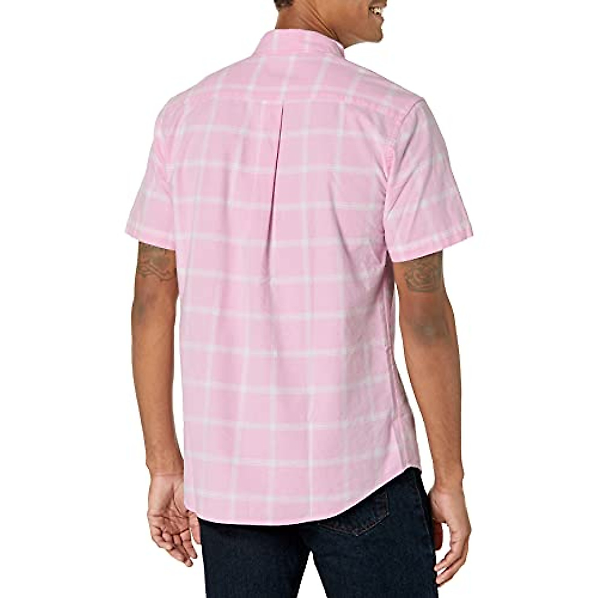 Amazon Essentials Men's Regular-Fit Short-Sleeve Pocket Oxford Shirt, Pink Windowpane, X-Large