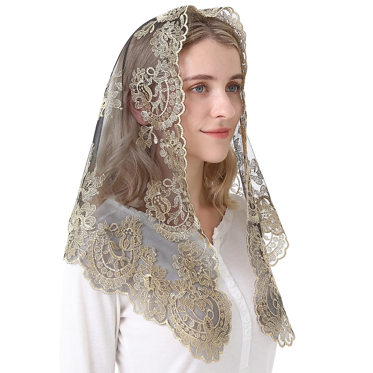 Spanish Mantilla Gold Chaple Veil Traditional Mass Church Mantilla Catholic Mass Head Covering First Holy Communion Latin Mass (black and gold)