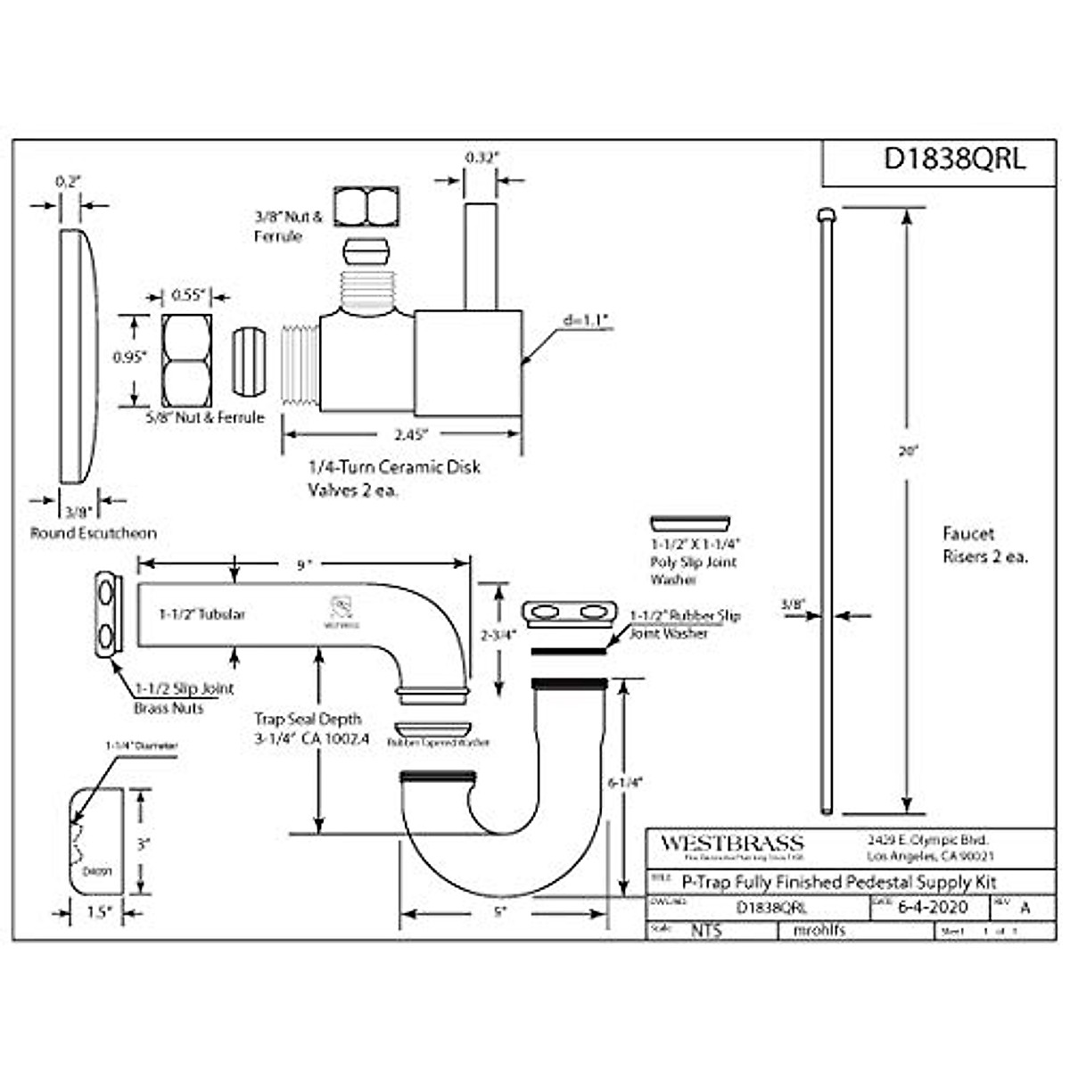 Westbrass D1838QRL-26 Freestanding Pedestal Sink Faucet Supply Line Risers with P-Trap, Flanges and 1/4-Turn Lever Handles, Polished Chrome